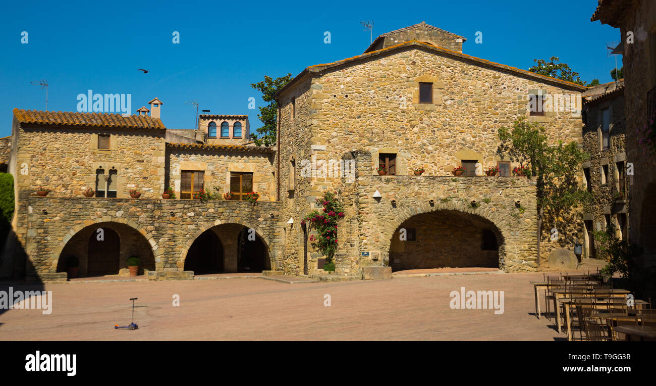 Edifices on main square in the Catalan village of Monells, Spain Stock ...