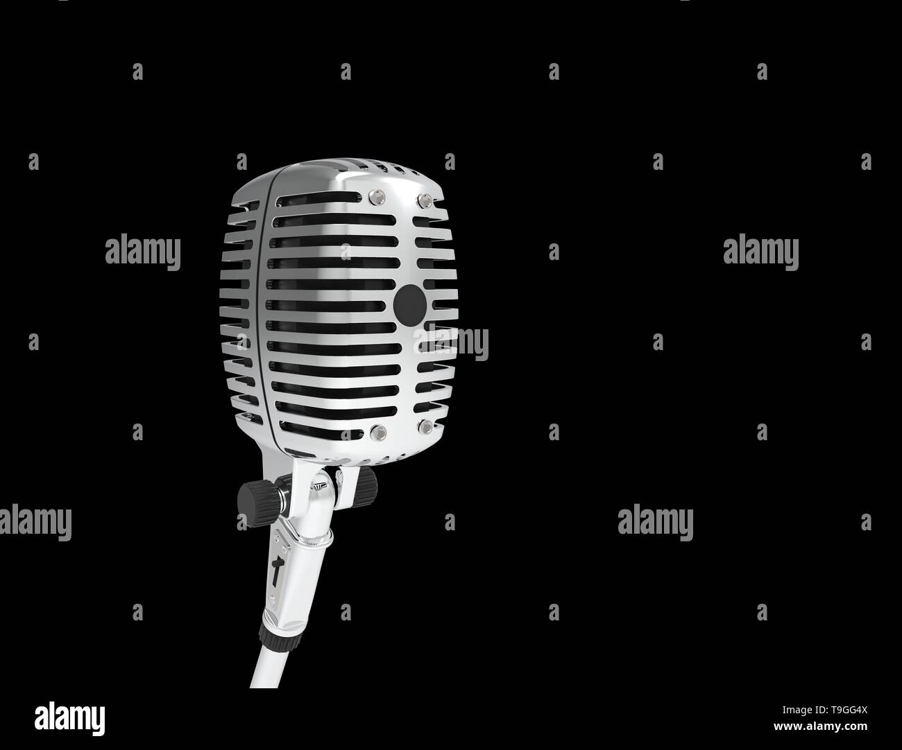 3D rendering of a classic metal chrome microphone isolated on black ...