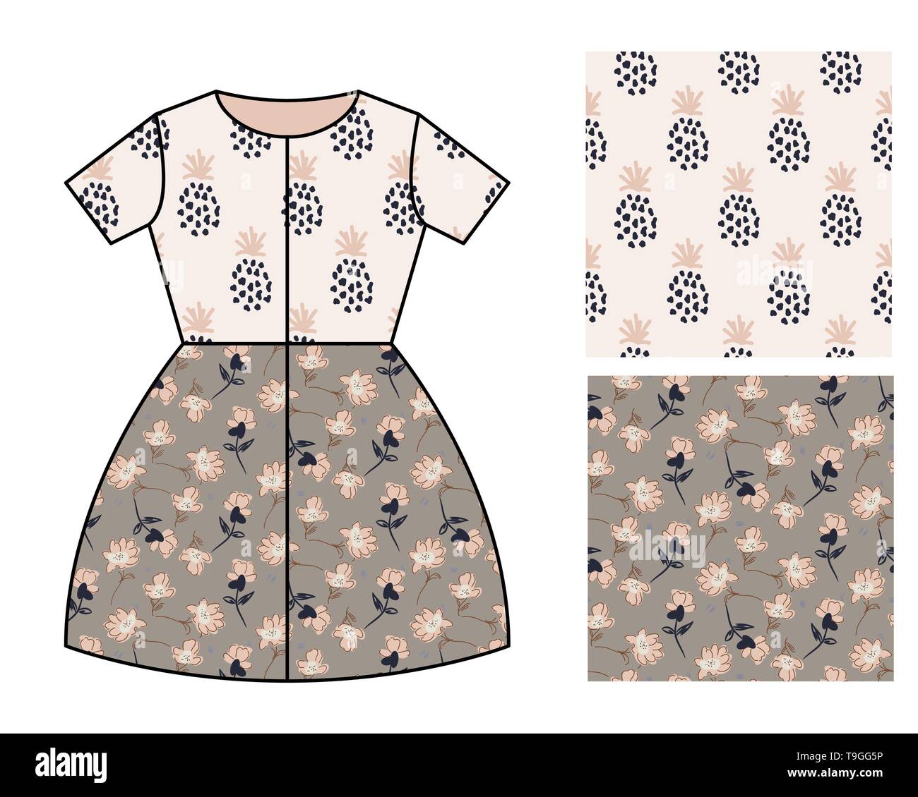 Dress pattern design for girls. Flowers and pineapples seamless pattern ...