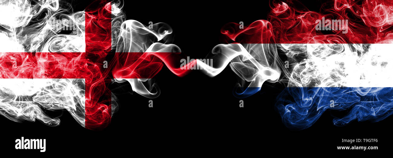 English vs Netherlands, Dutch smoky mystic flags placed side by side ...