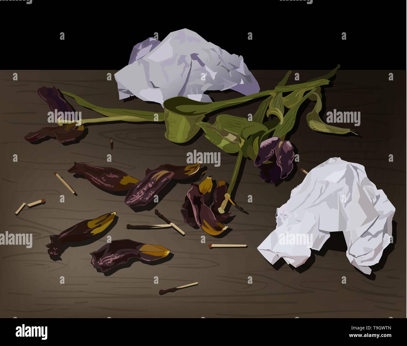 Emotional hand drawn illustration with faded tulips and smashed paper ...