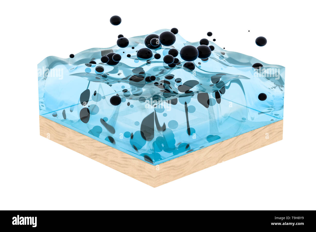 Light blue water wave cube, with creative spheres bubble, 3d rendering ...