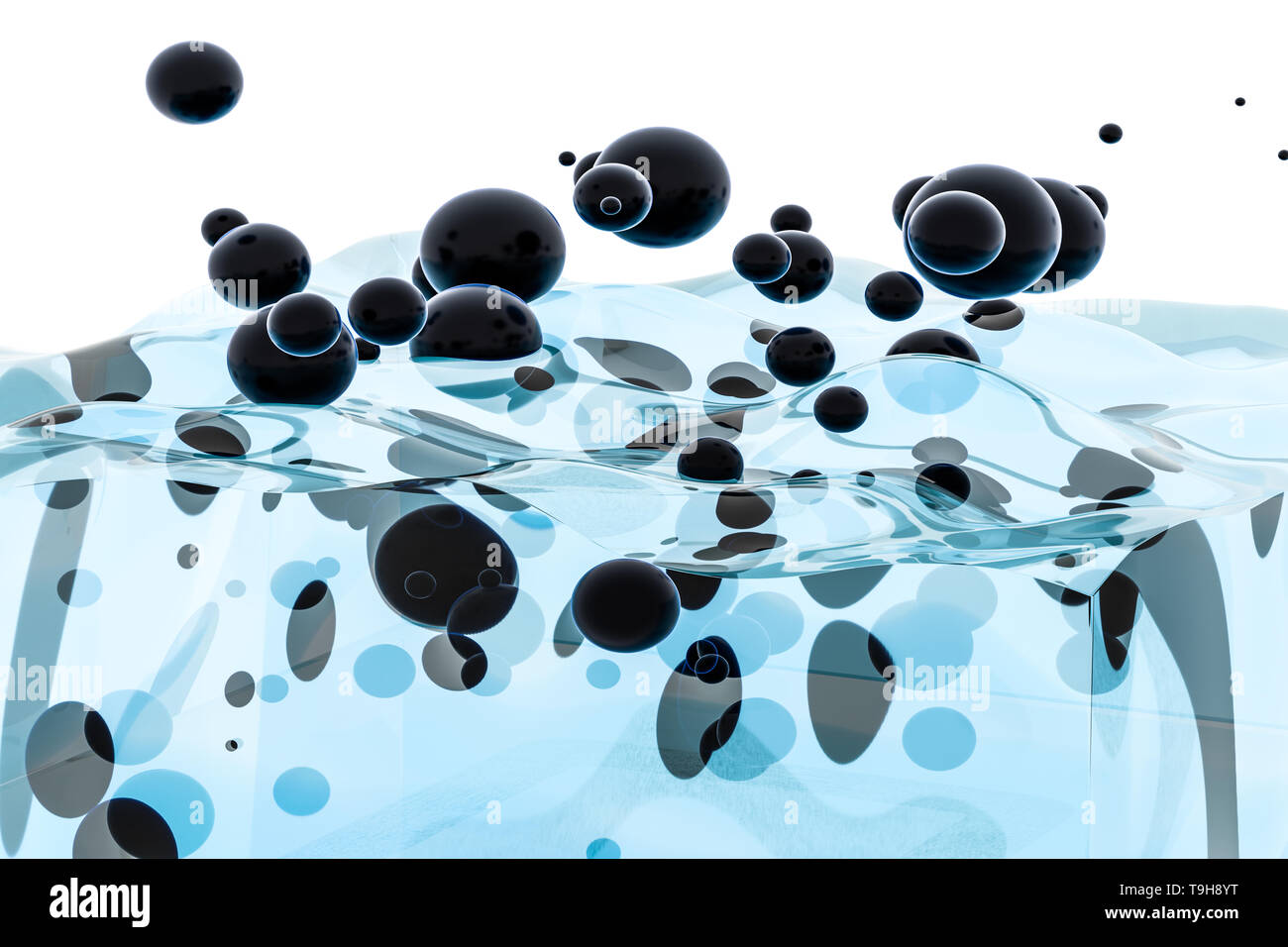 Light blue water wave cube, with creative spheres bubble, 3d rendering ...