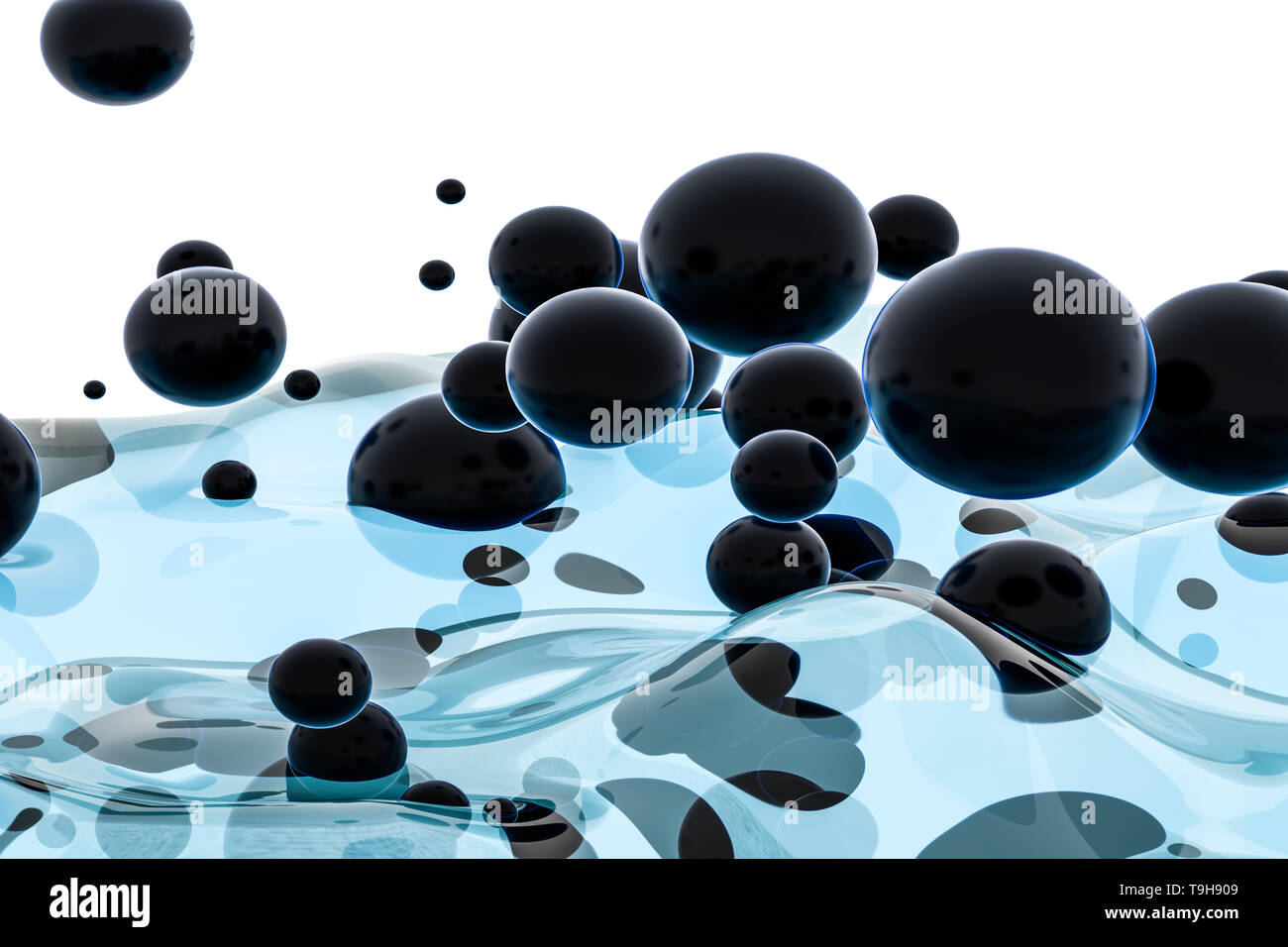 Light blue water wave cube, with creative spheres bubble, 3d rendering ...