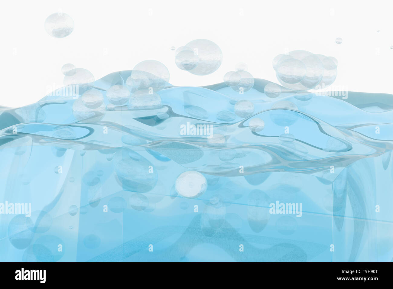 Light blue water wave cube, with creative spheres bubble, 3d rendering ...