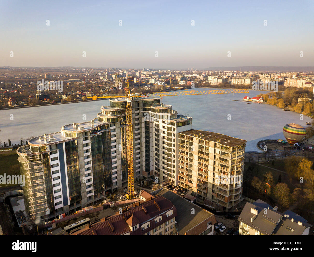 Apartment or office tall building under construction, top view. Tower ...