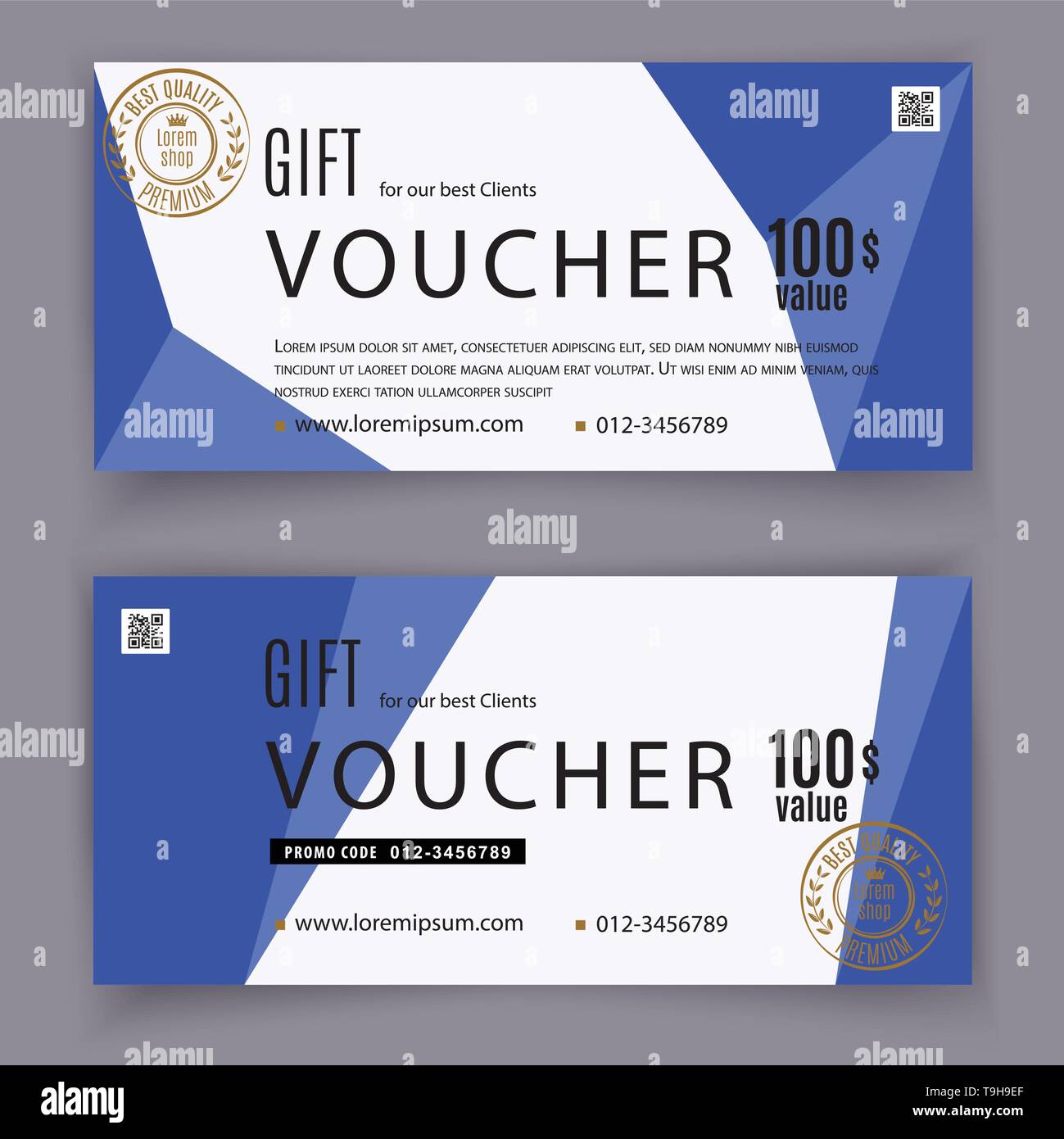 Gift voucher template with blue triangle design elements. Gift voucher ...