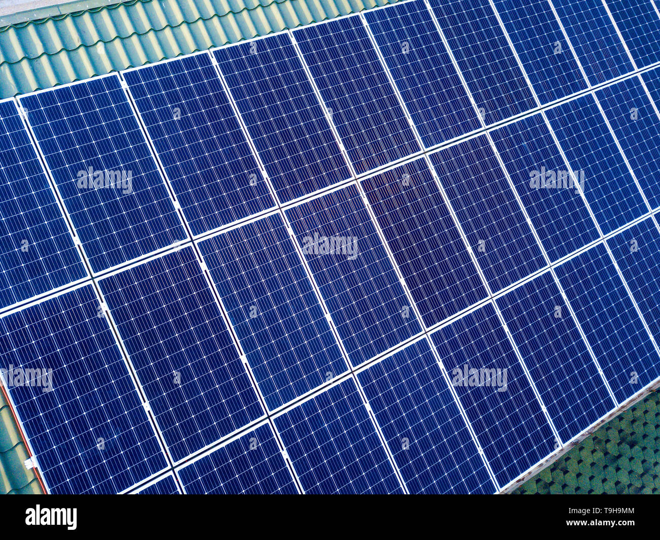 Close-up surface of blue shiny solar photo voltaic panels system on ...