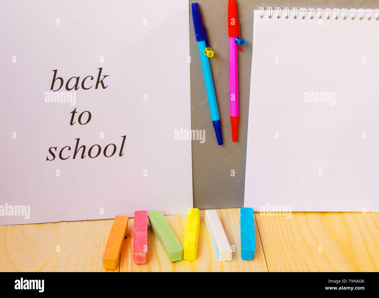 Back to school concept, pen, Notepad, chalk, EDUCATION Stock Photo - Alamy