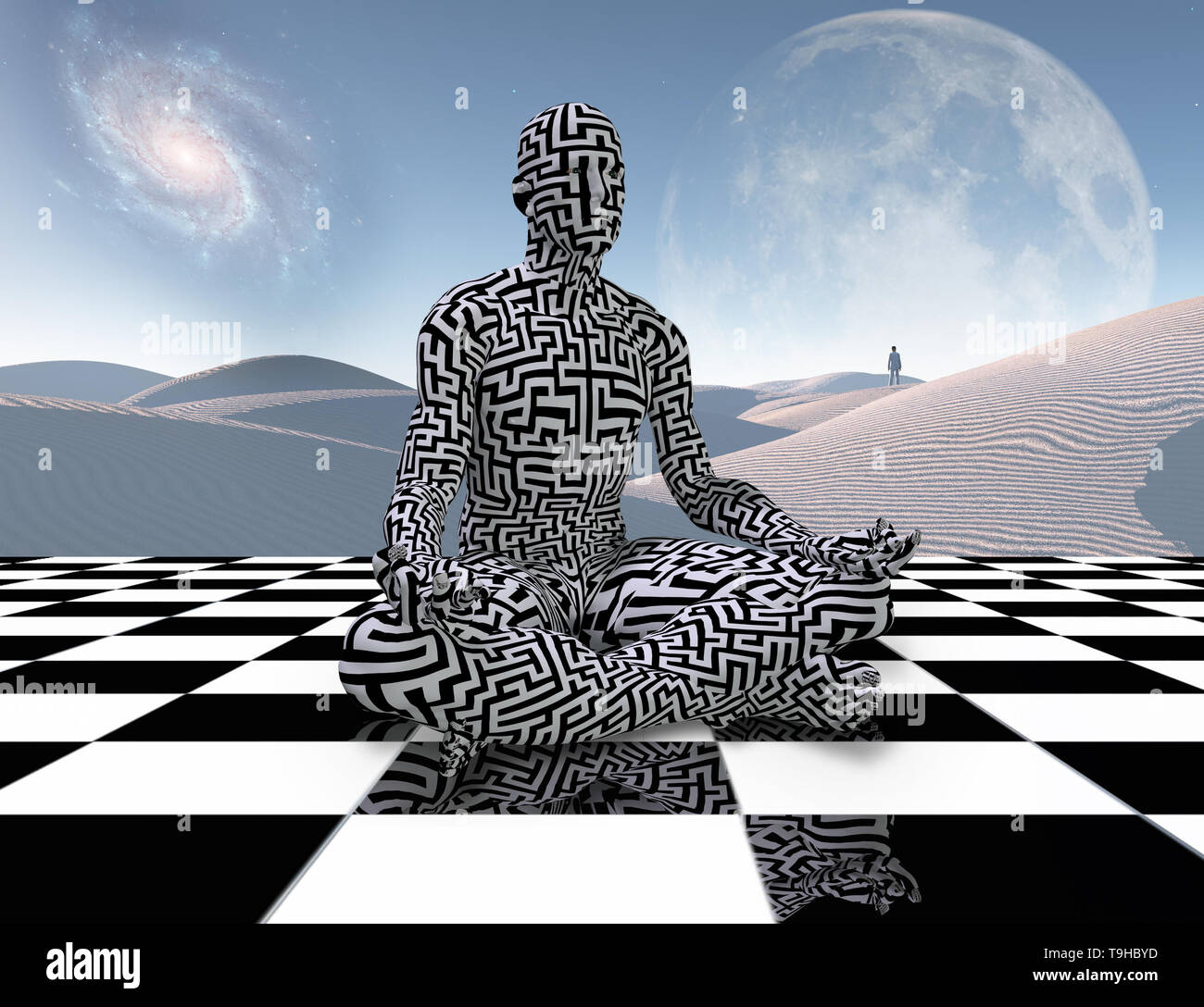Surrealism. Man with maze pattern sits in lotus pose on a chess board ...