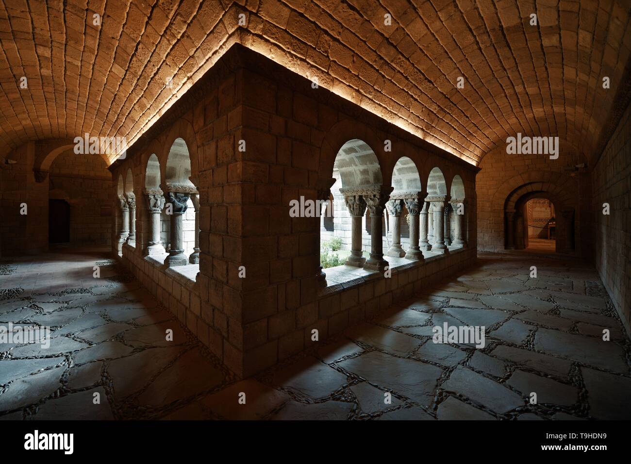 Hallway in Romanesque monastery in village in Pueblo Espanol Barcelona ...