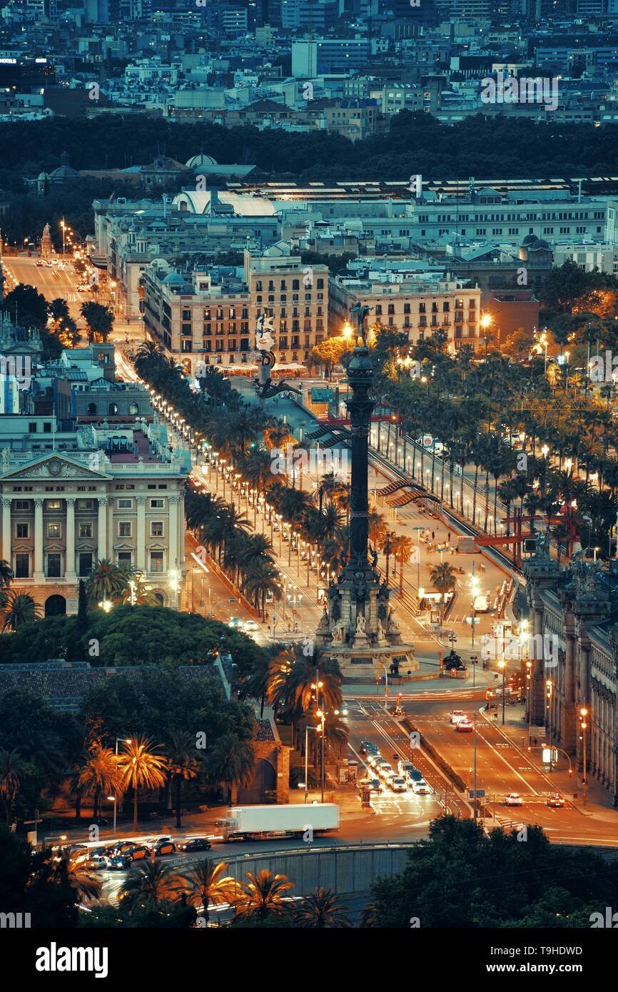 Barcelona night view with The Monument of Christopher Columbus in Spain ...