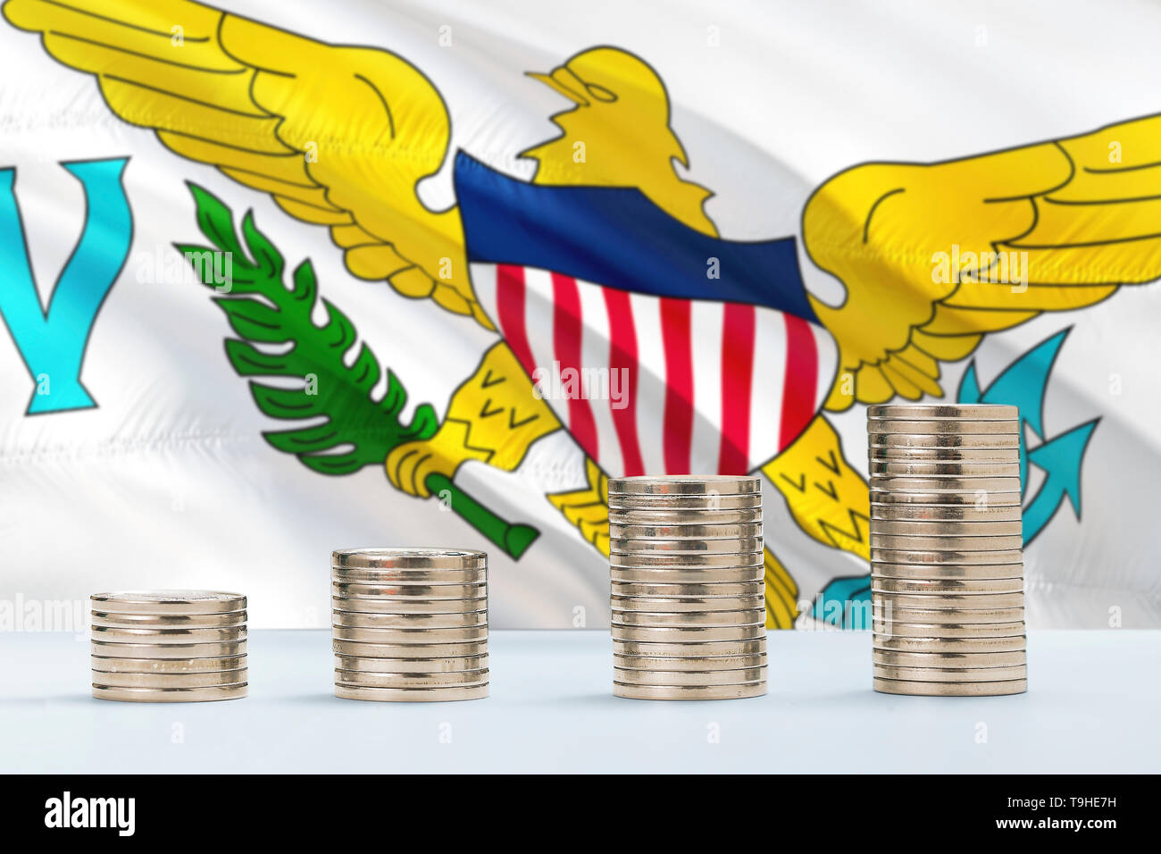 United States Virgin Islands flag waving in the background with rows of ...
