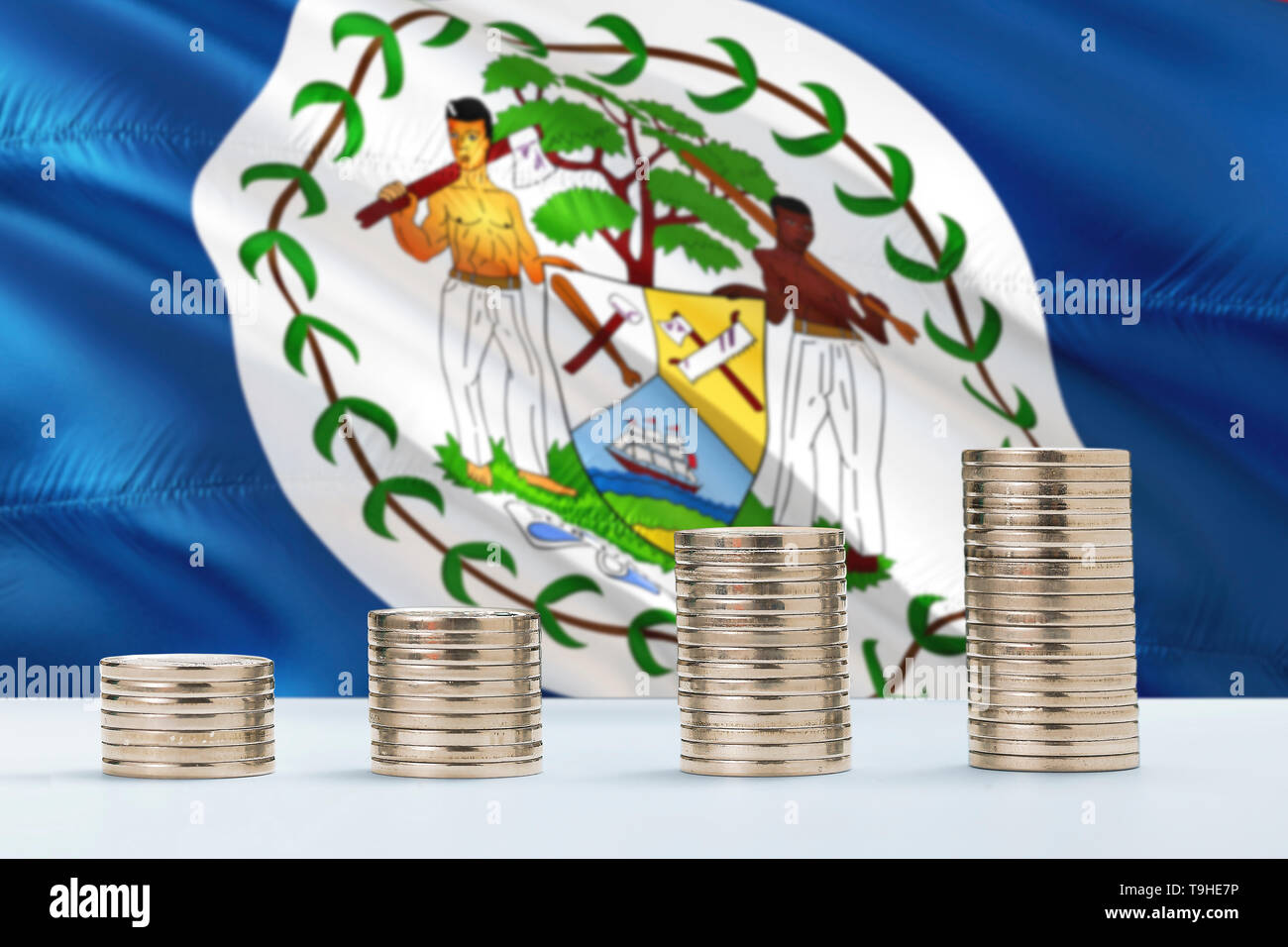 Belize flag waving in the background with rows of coins for finance and ...