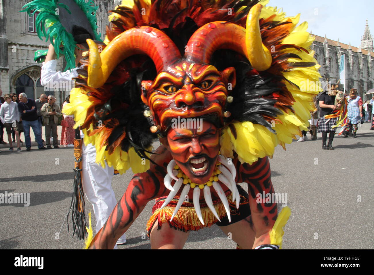 Lisbon, Portugal. 18th May, 2019. Iberican mask in Lisbon with a big ...