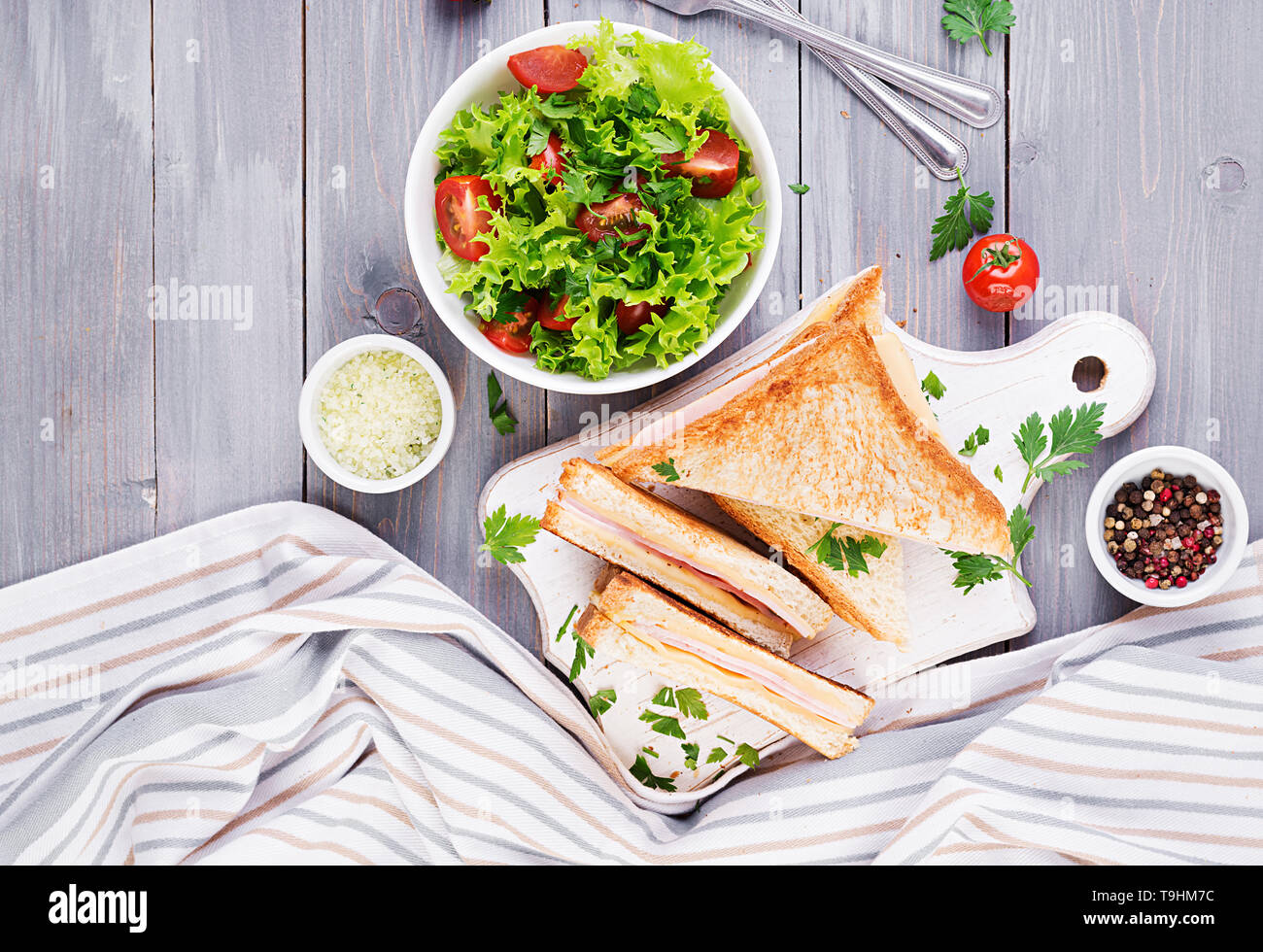 Club sandwich panini with ham, cheese and salad. Top view. Tasty ...