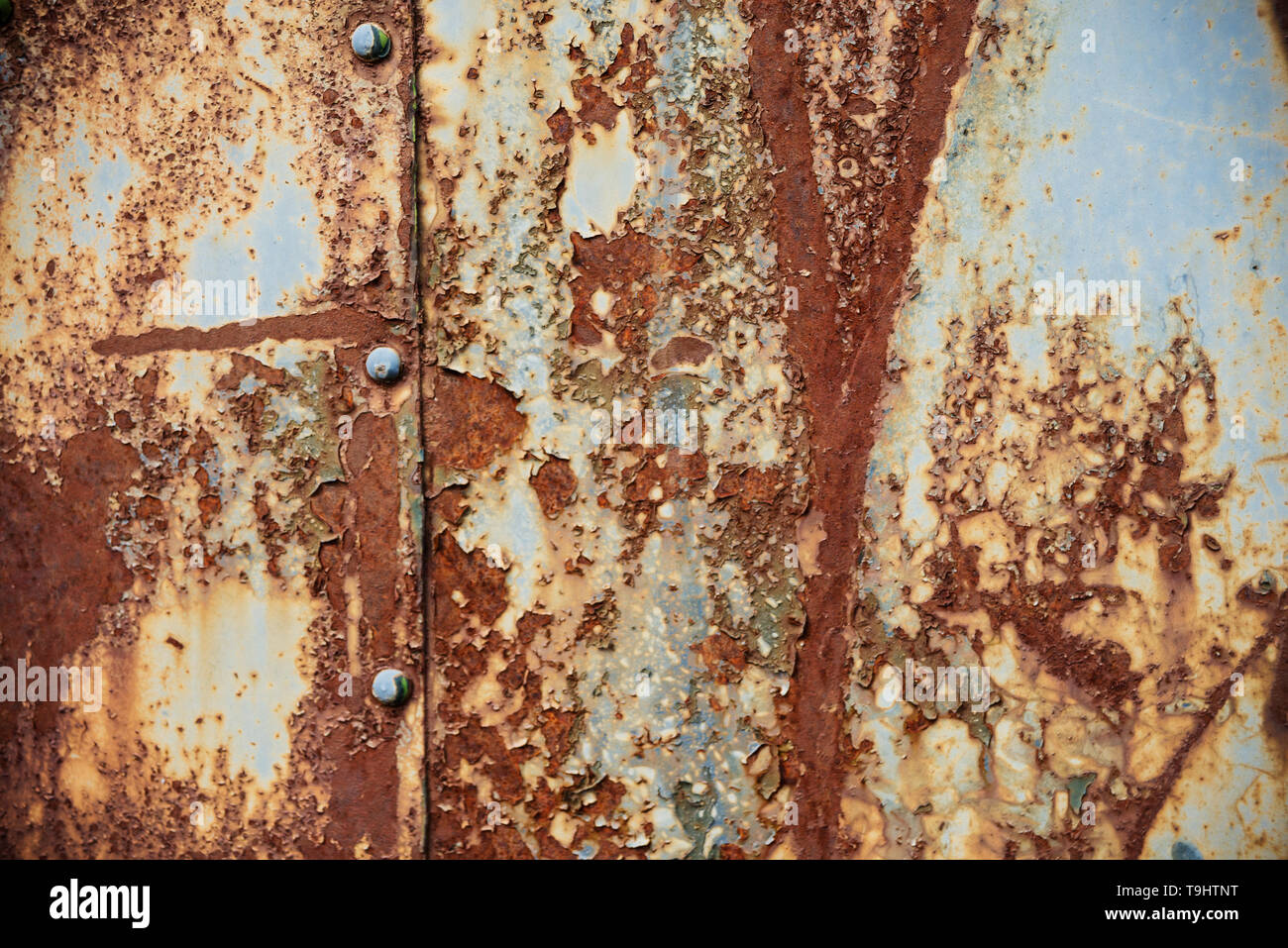 Grunge texture: old rusty metal surface covered with blue paint flaking ...