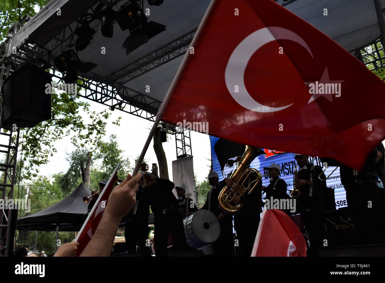 Ankara, Turkey. 19th May, 2019. A person waves a Turkish national flag ...
