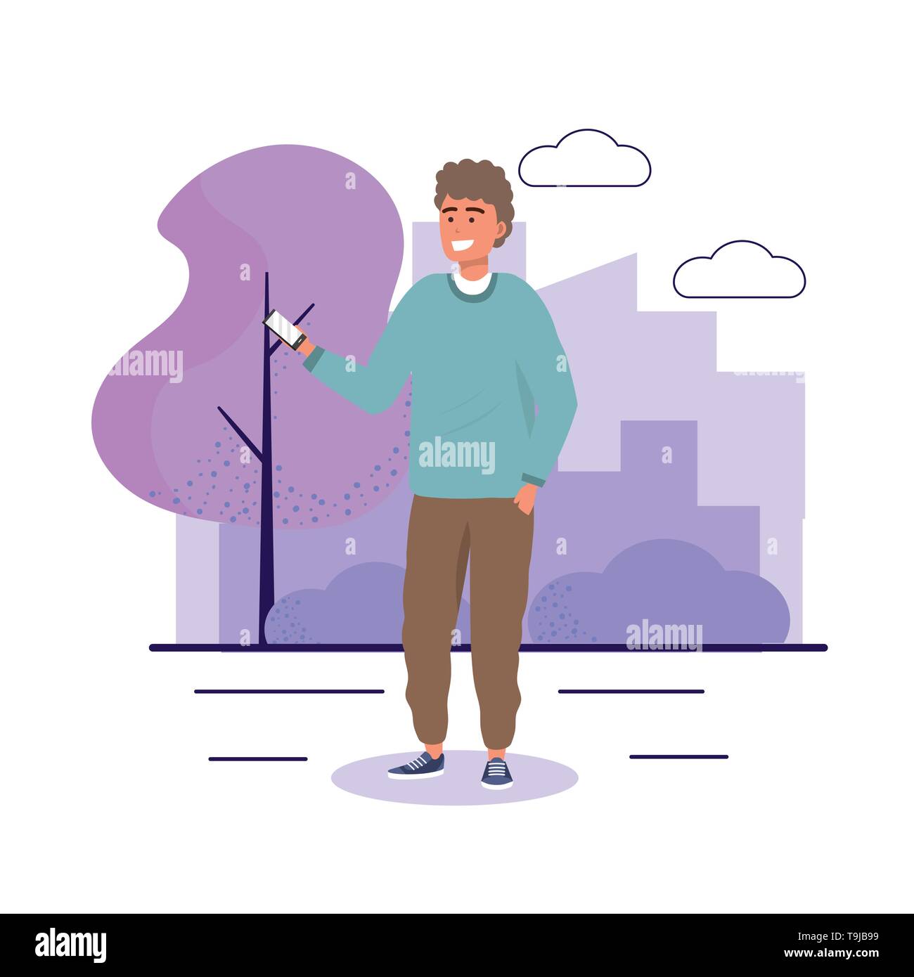 funny man with smartphone technology and bushes vector illustration ...