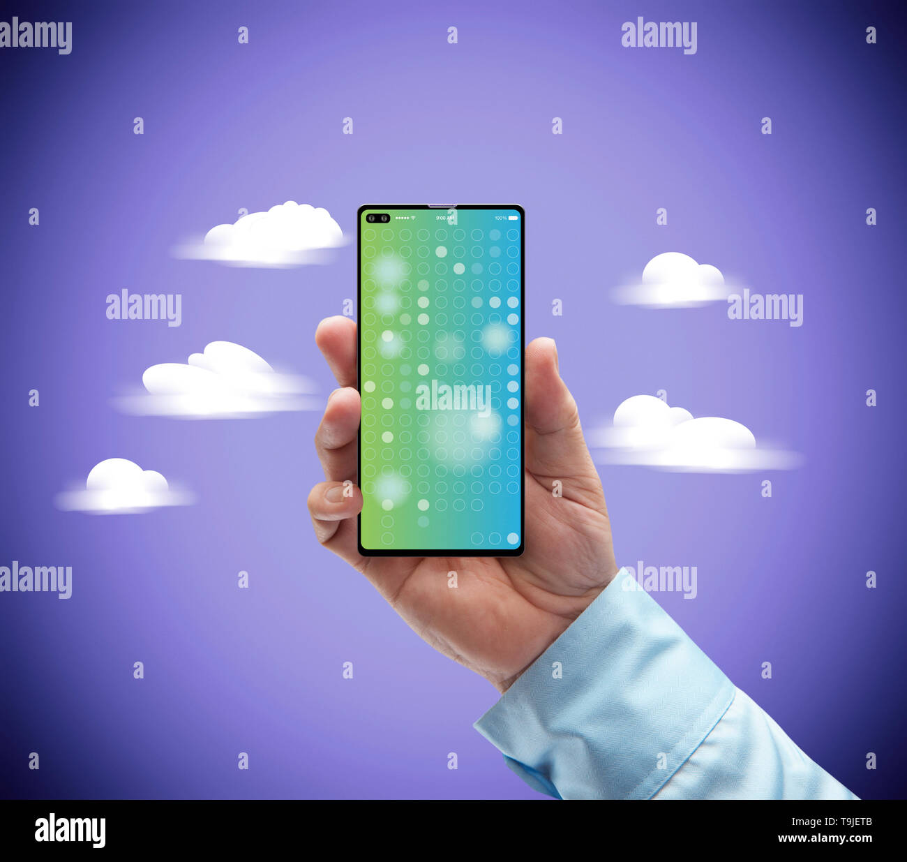 Cloud 4g 5g technology mobile businessman holding smartphone up in the ...