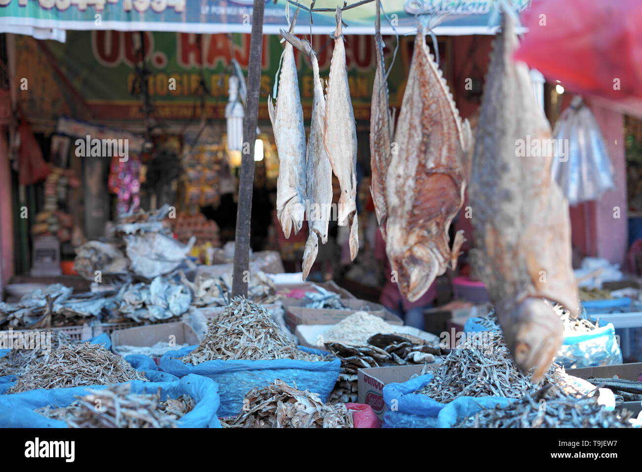 Dried salt preserved salted fish seafood at Traditional fish market ...