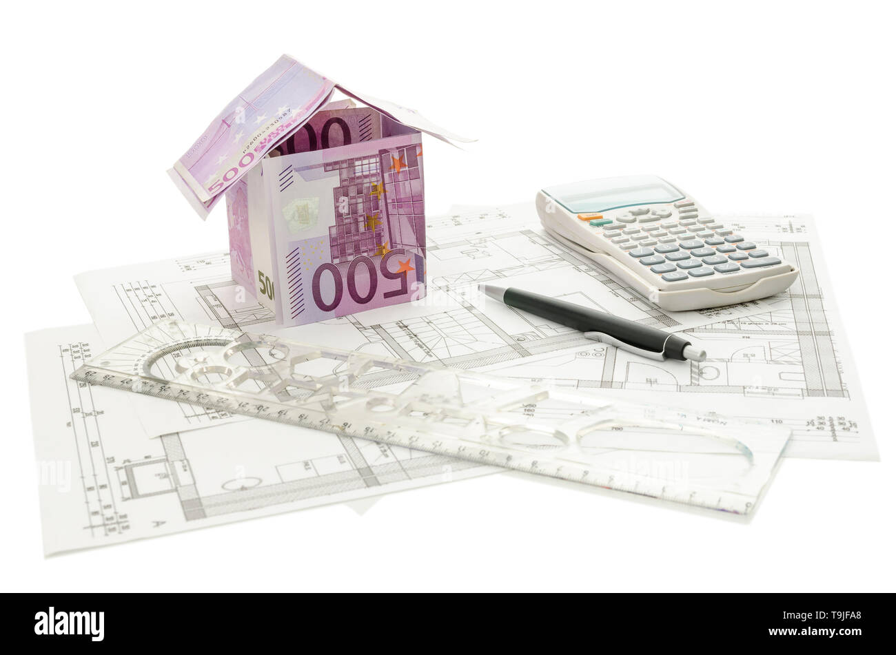 House made of 500 Euro money on an architectural building plan ...