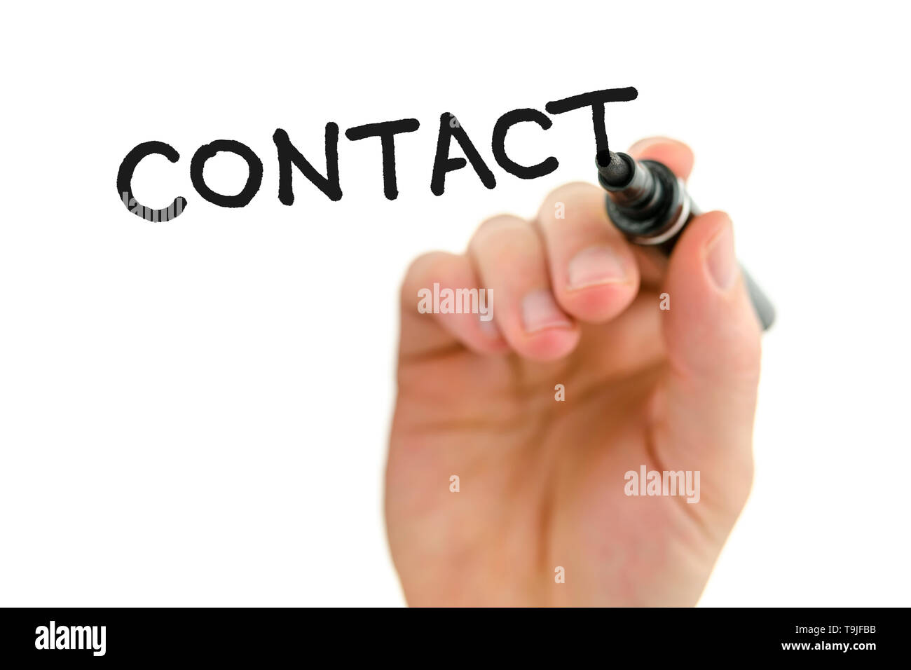 Detail of male hand writing word contact on a glass board. Over white ...