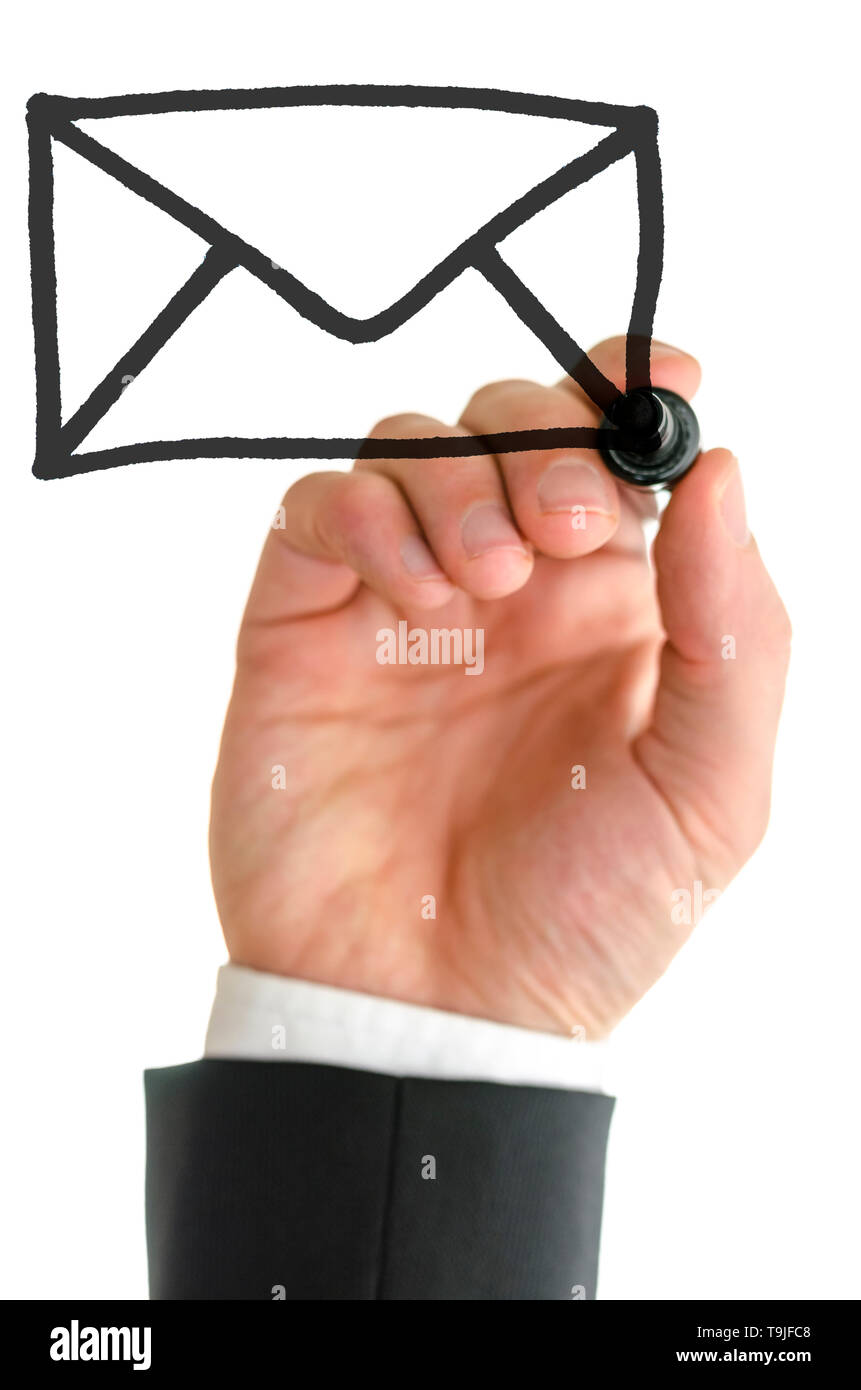 Closeup of male hand drawing envelope on a virtual white board Stock ...