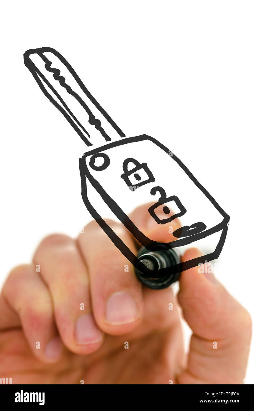 Detail of male hand drawing car key on a virtual board with black ...