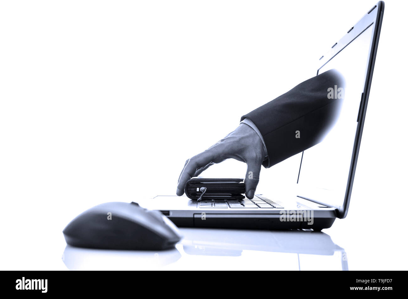 Hand of a hacker coming out of laptop monitor and stealing ones wallet ...