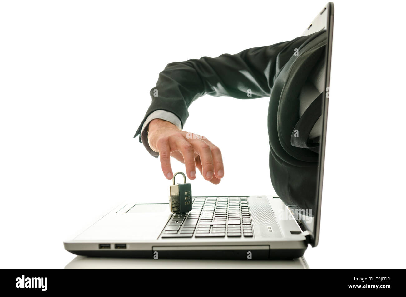 Hacker stealing padlock through a laptop monitor. Concept of computer ...
