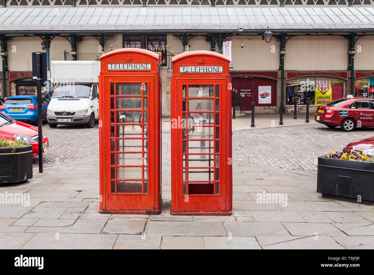 Two red telephone boxes in the town centre of Darlington,England,UK ...