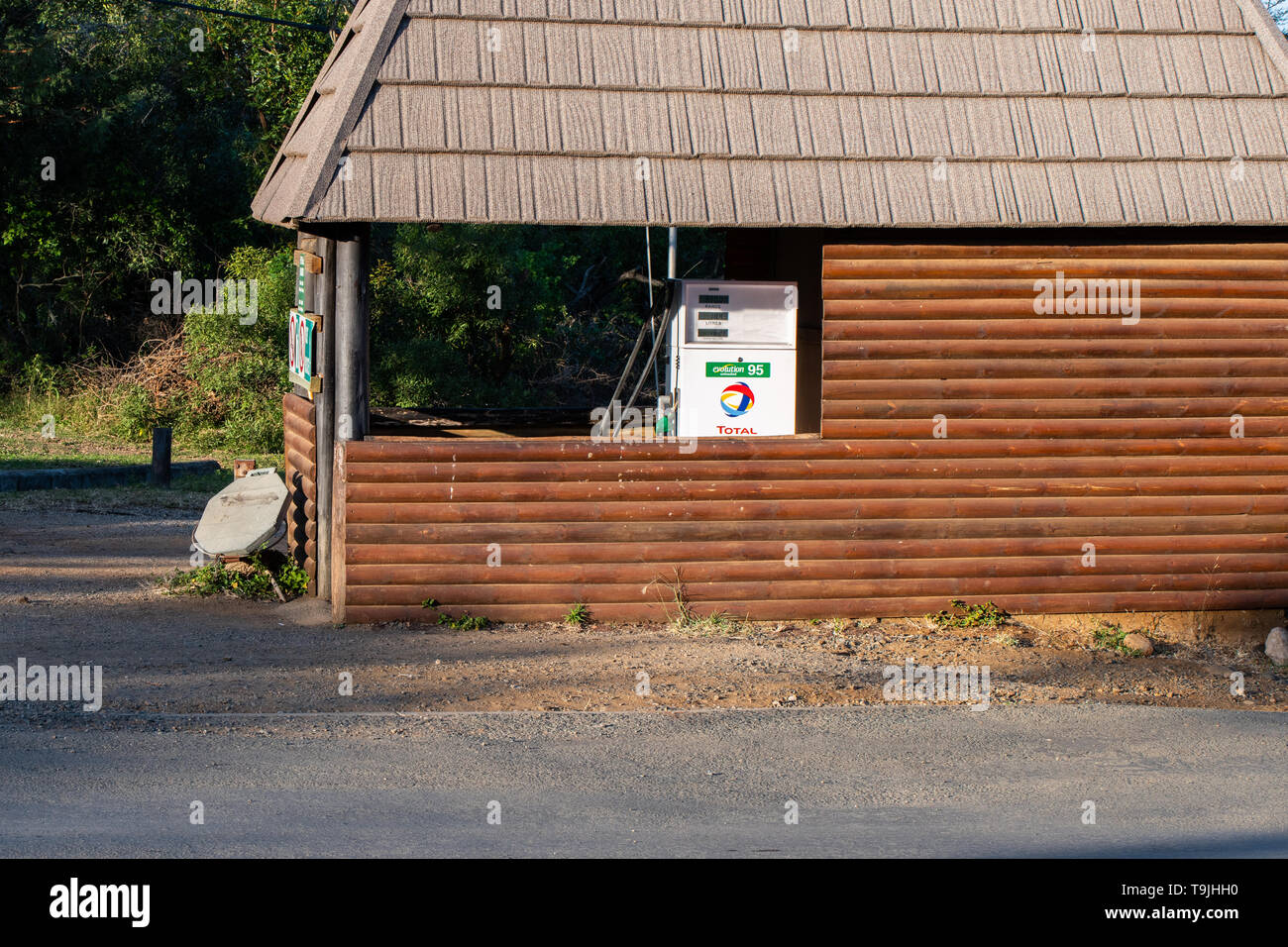 Hluhluwe, South Africa - May 14 2019: The tiny petrol station at Mpila ...