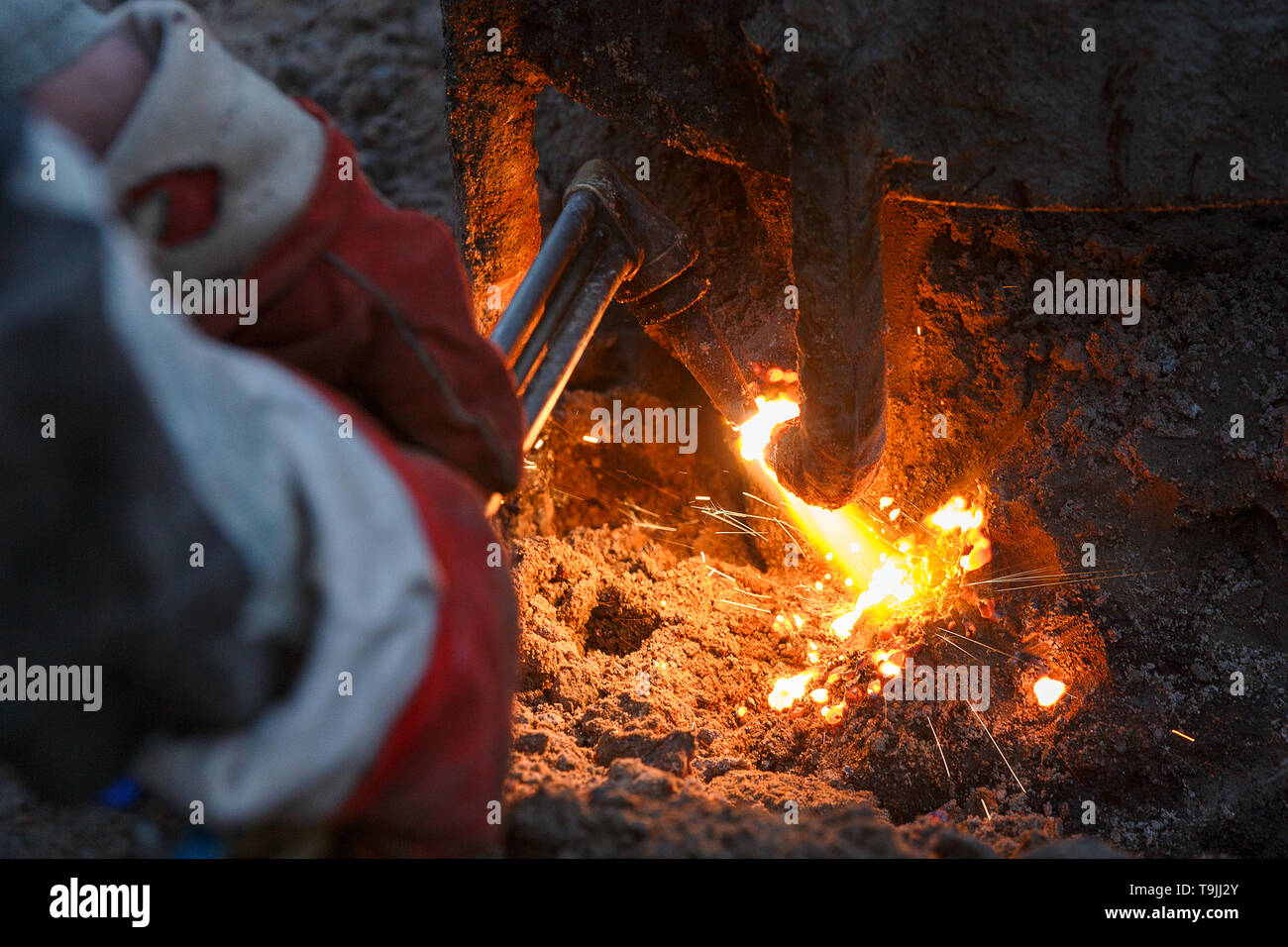 Welding machine with melting metal drops and sparks of sparks Stock ...