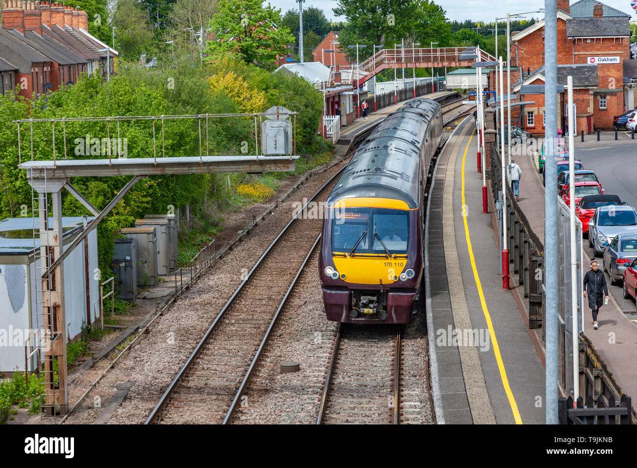 Train pulling into Oakham station on a Friday afternoon, looking down ...