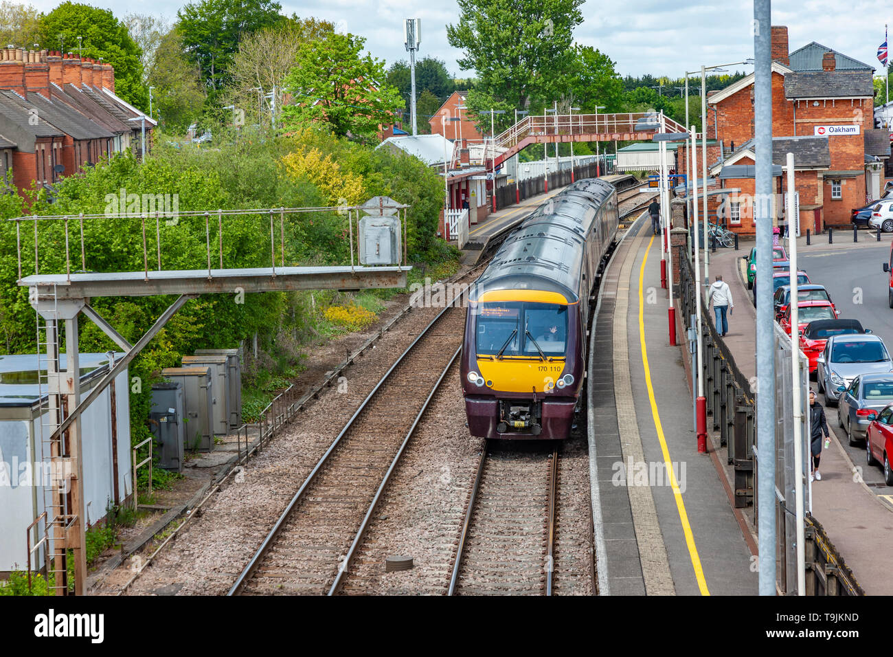 Train pulling into Oakham station on a Friday afternoon, looking down ...