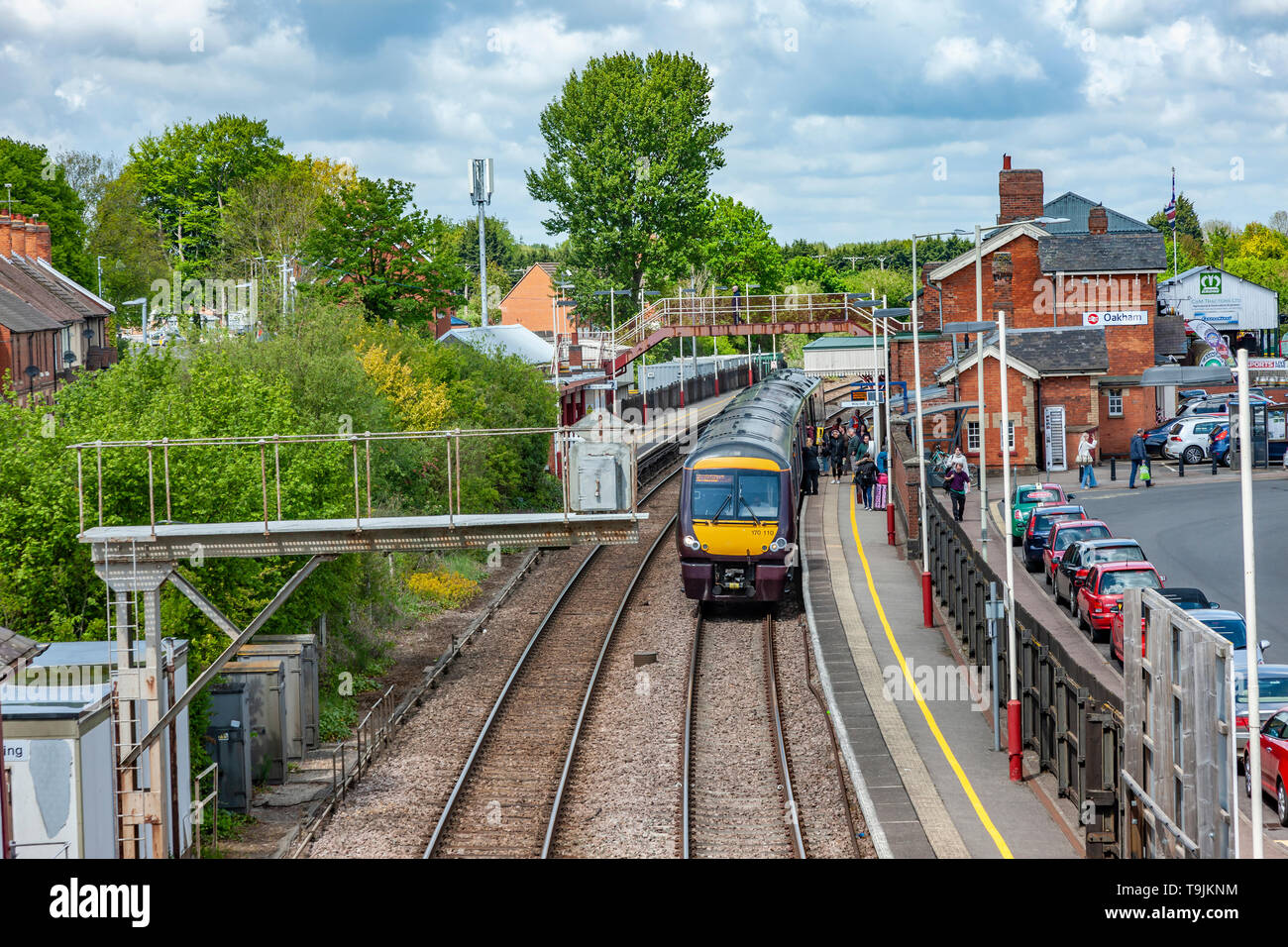 Train pulling into Oakham station on a Friday afternoon, looking down ...