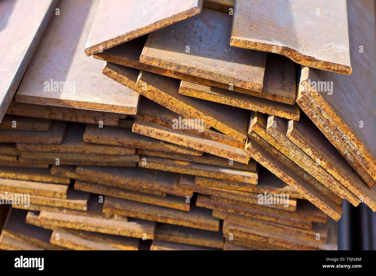 Metal profile strip in packs at the warehouse of metal products, Russia ...