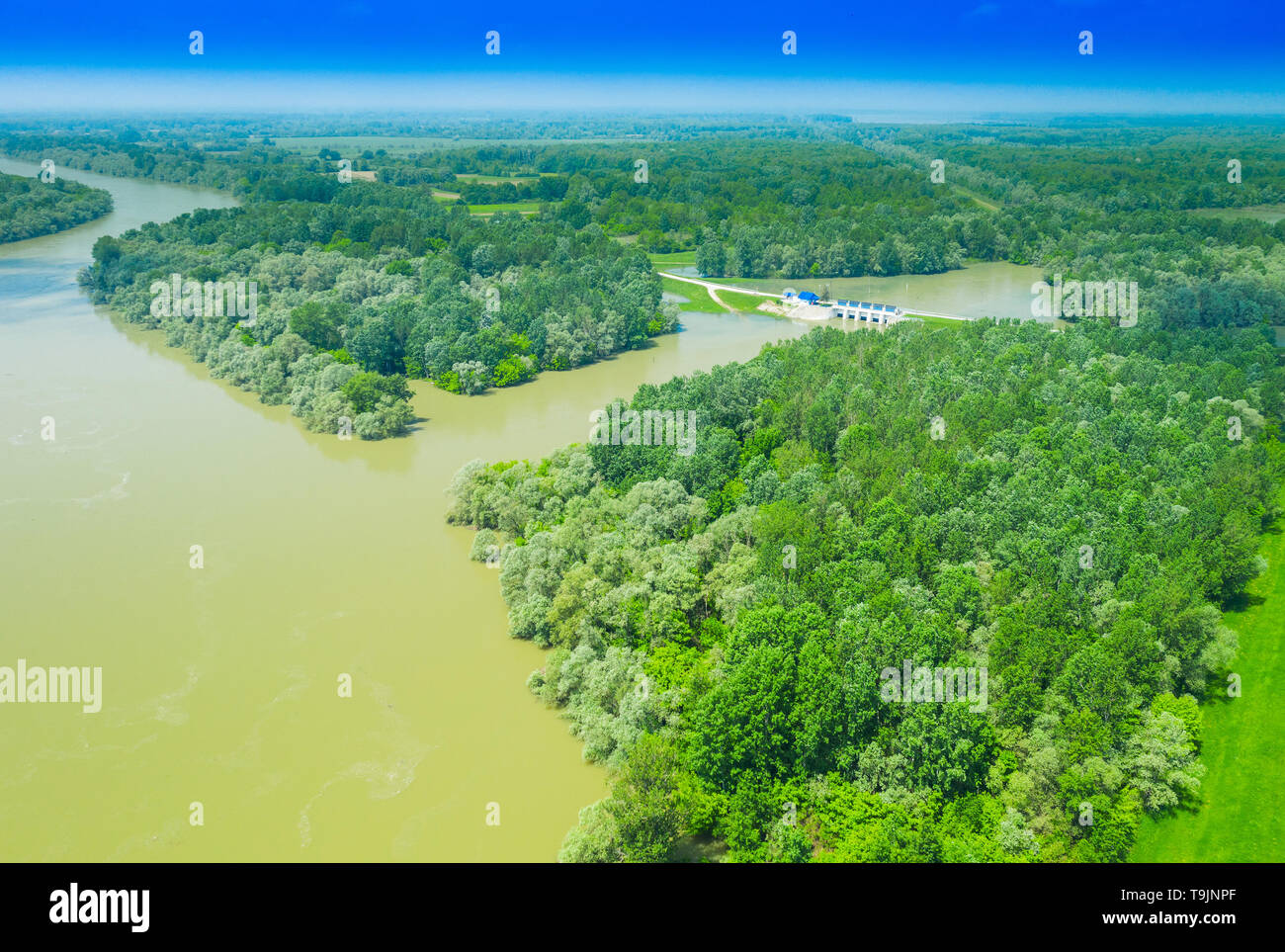 Sava river from air, landscape in nature park Lonjsko polje, Croatia ...