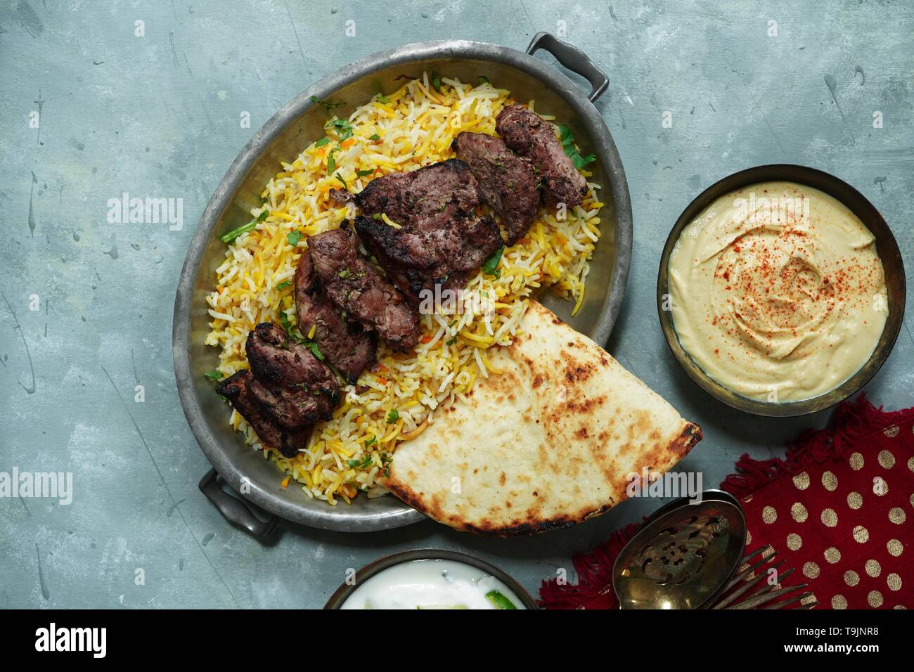 Ramadan food or feast /Iftar party dinner -Lamb kabab,Hummus,Pita bread ...