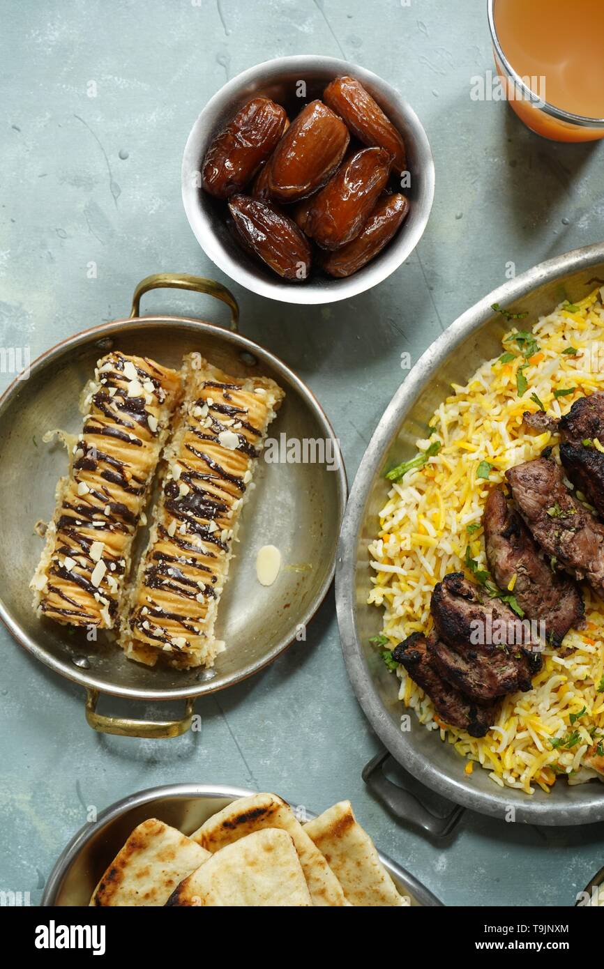 Ramadan food or feast /Iftar party dinner -Lamb kabab,Hummus,Pita bread ...