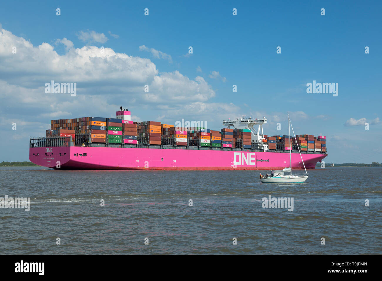 Stade, Germany - May 18, 2019: Ultra-large Container Ship ONE Columba ...