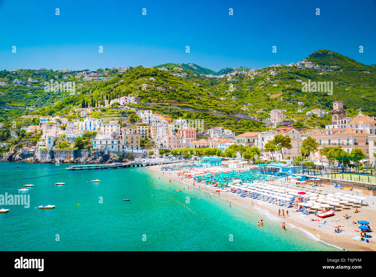 Scenic panoramic view of the beautiful town of Amalfi at famous Amalfi ...