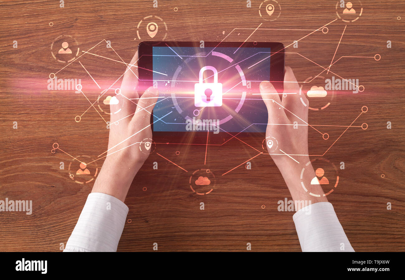 Hand touching online network security button and cloud, connection and ...