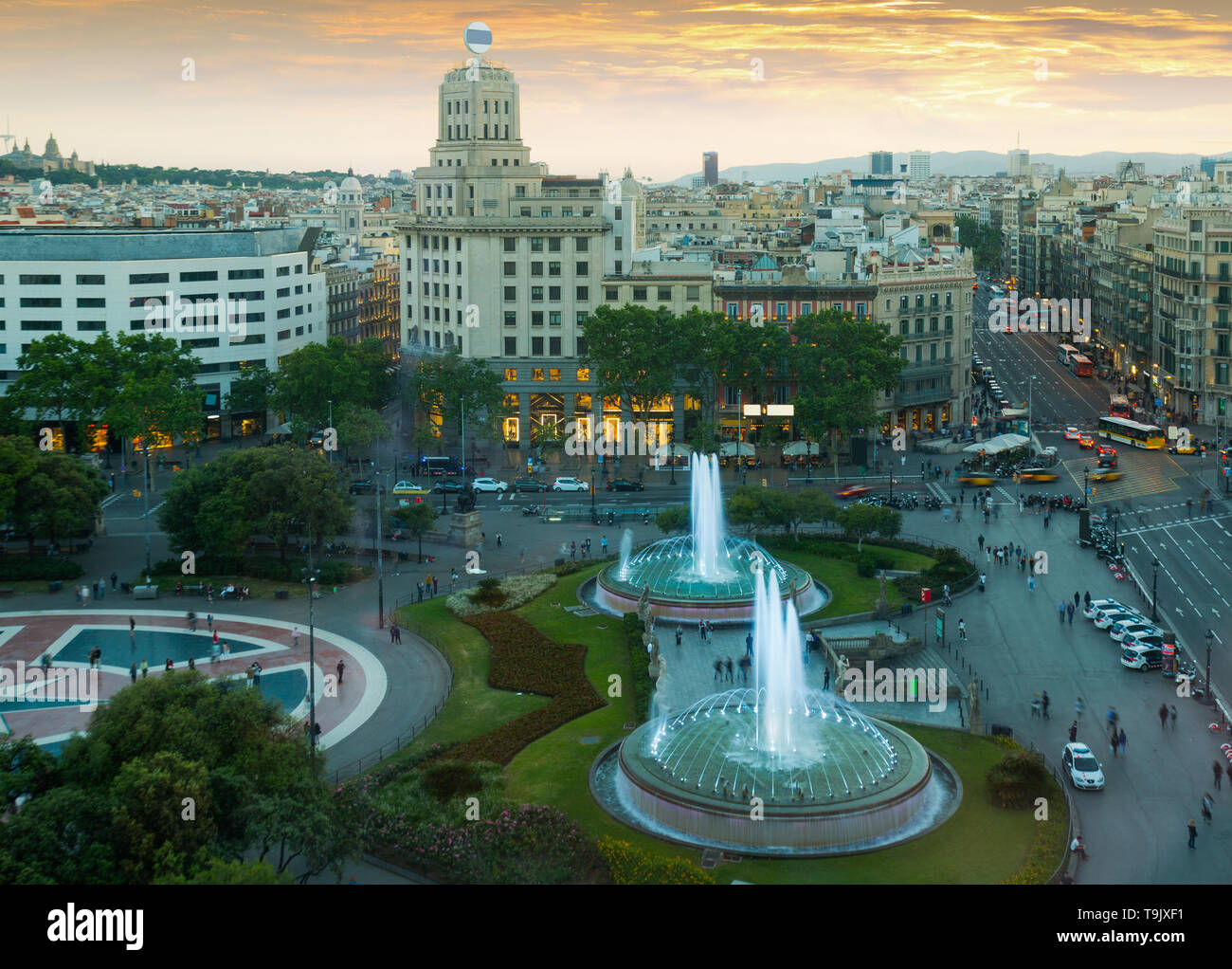 Panorama of evening Barcelona and its central Catalonia square Stock ...