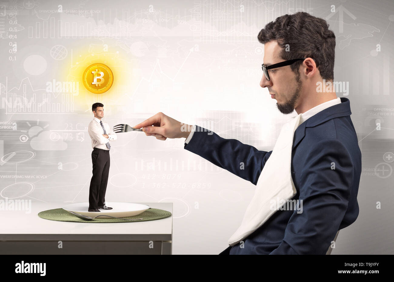 Giant businessman eating small man with financial background Stock ...