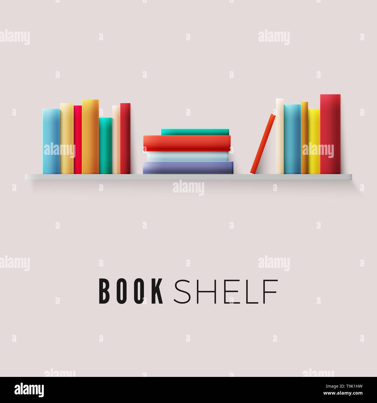 Bookshelf with books on wall. Stack of paper books in retro cover color ...