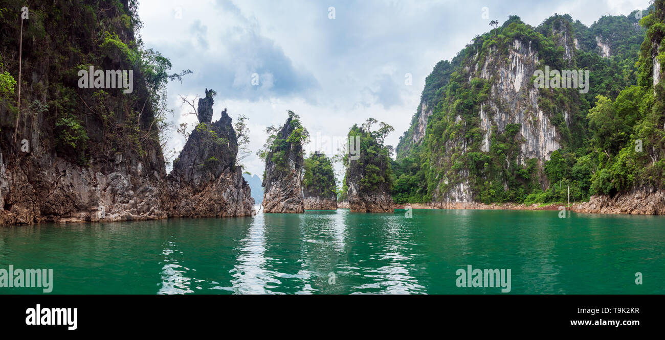 Scenic landscape of boat view in the big river and reservoir dam with ...