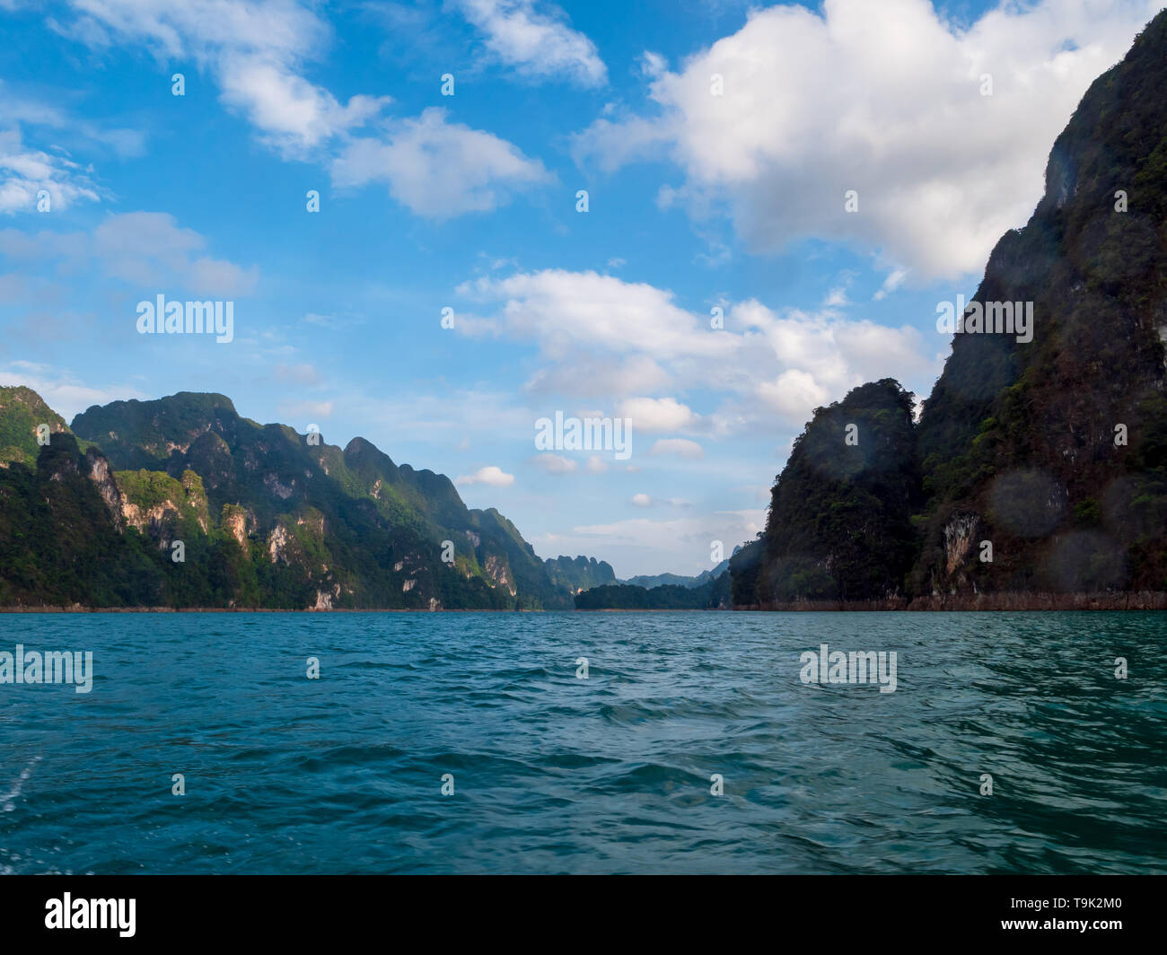 Scenic landscape of boat view in the big river and reservoir dam with ...