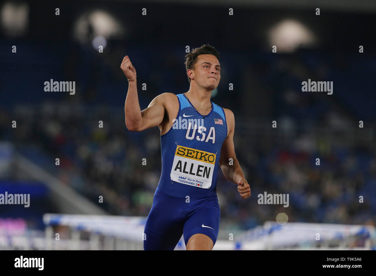 YOKOHAMA, JAPAN - MAY 10: Devon Allen of the USA wins the mixed shuttle ...
